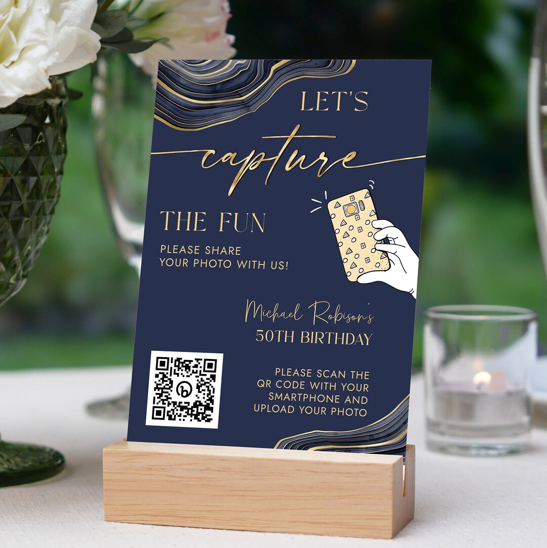 Blue and Gold Birthday QR Code Sign Template - Capture the Fun ...