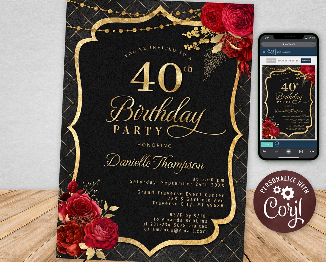40th Birthday Invitation Template - Elegant Invite - Black and Gold ...
