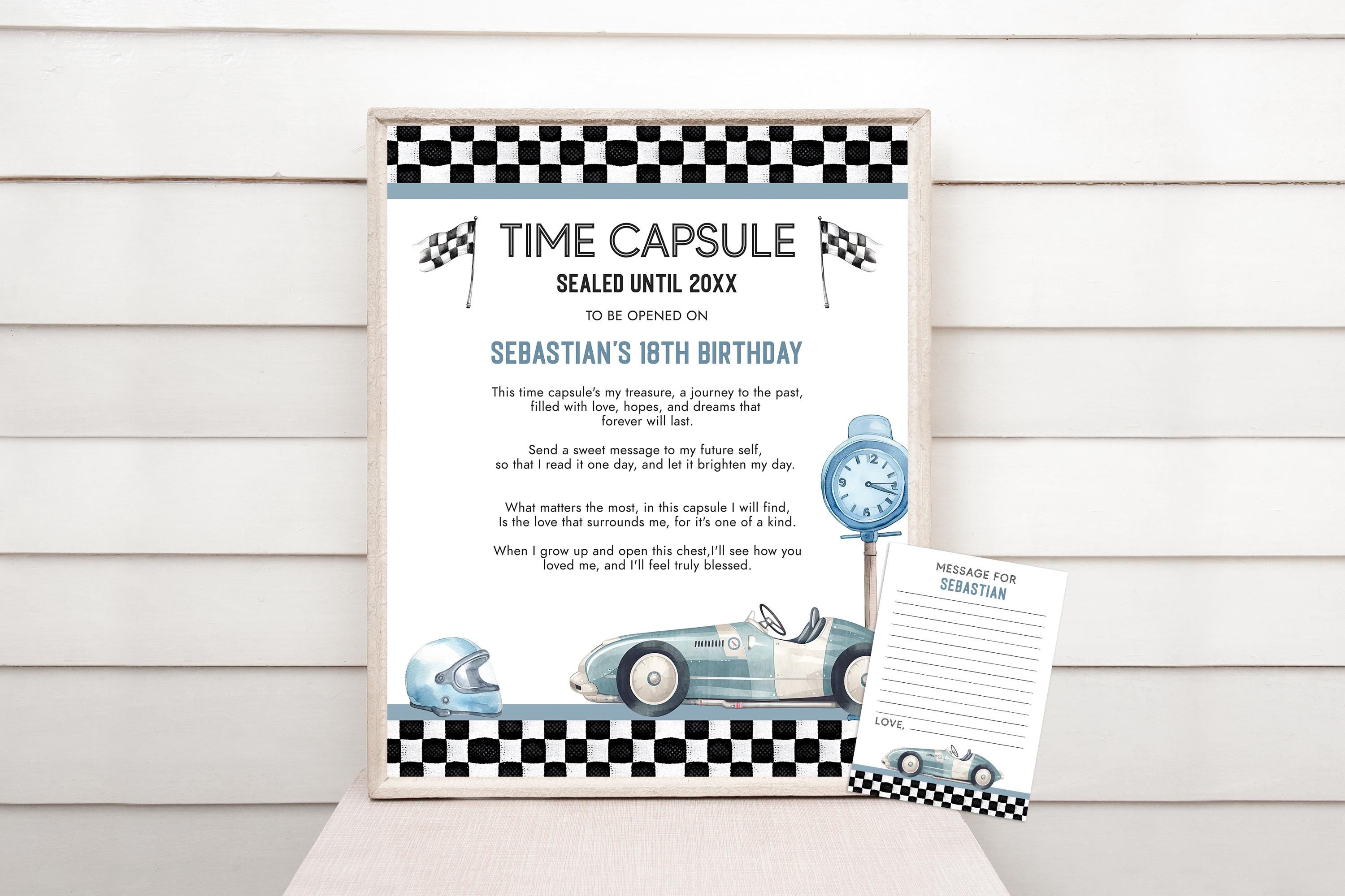Editable Race Car Time Capsule Sign + Note Card Template - Race Car ...