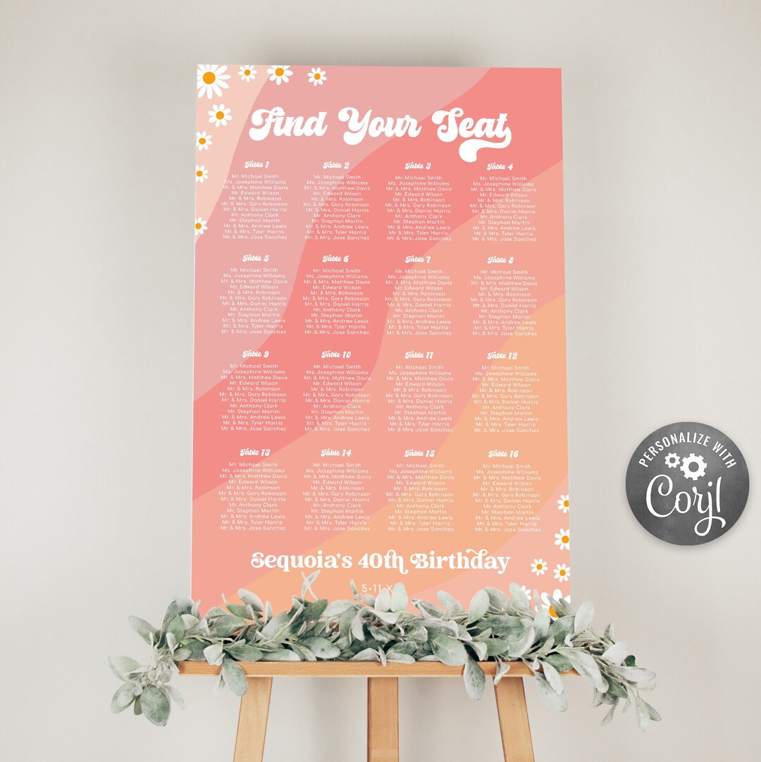 Editable Groovy Retro Seating Chart Sign Template Retro Daisy Groovy ...