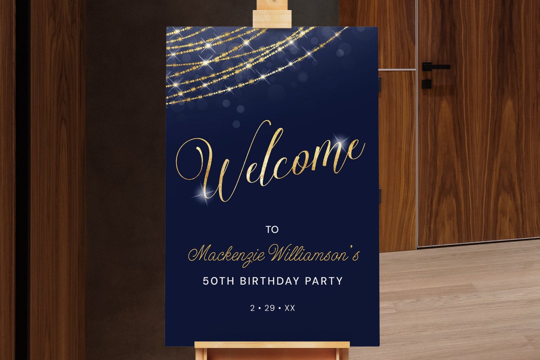 Birthday Welcome Sign Birthday Welcome Poster Navy and Gold Glitter ...