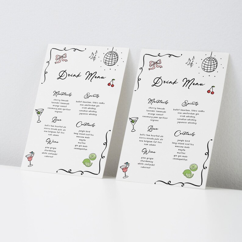 Hand Drawn Drink Menu Template Bar Menu Bespoke Coquette Handwritten ...