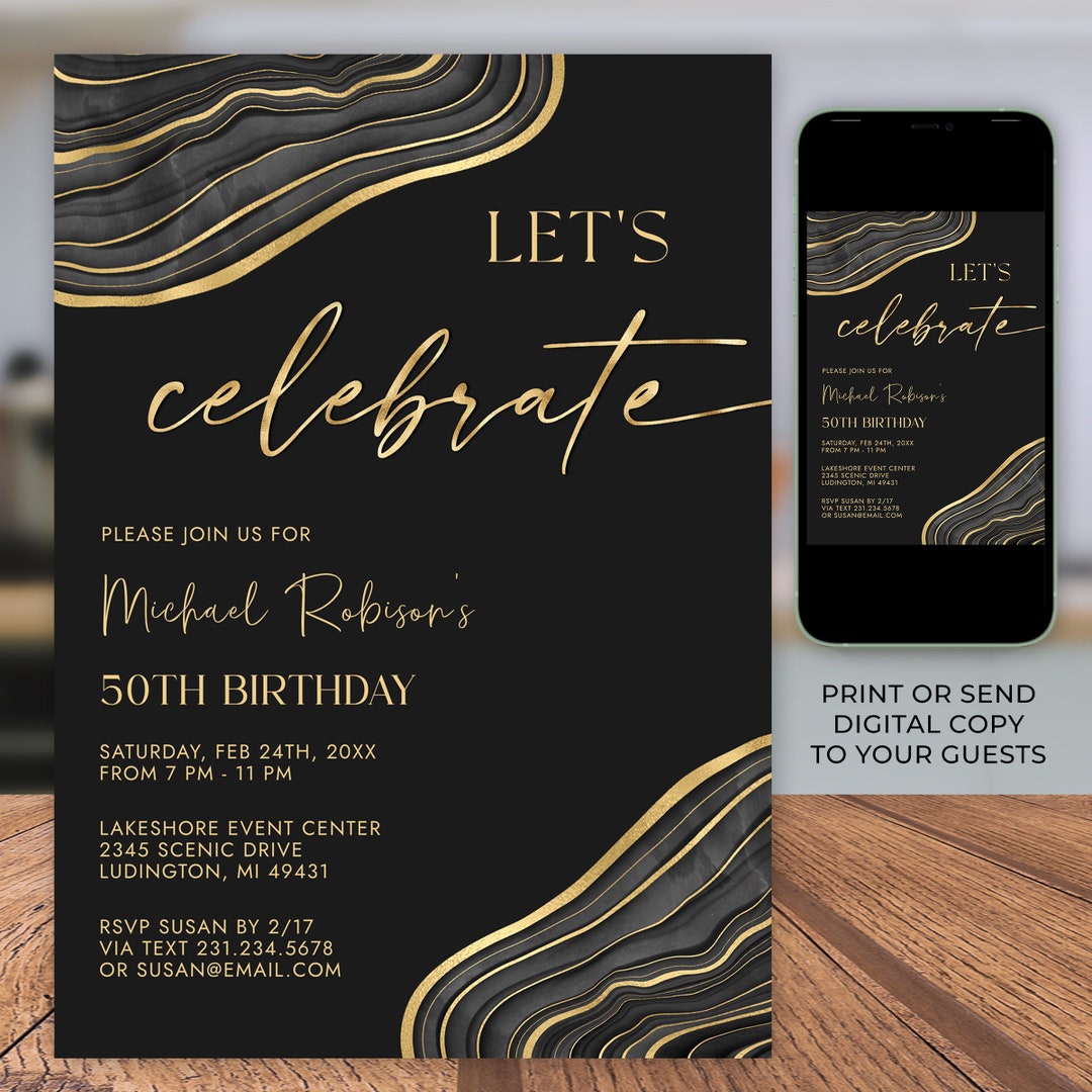 Editable Black and Gold Birthday Party Invitation Template - Let's ...