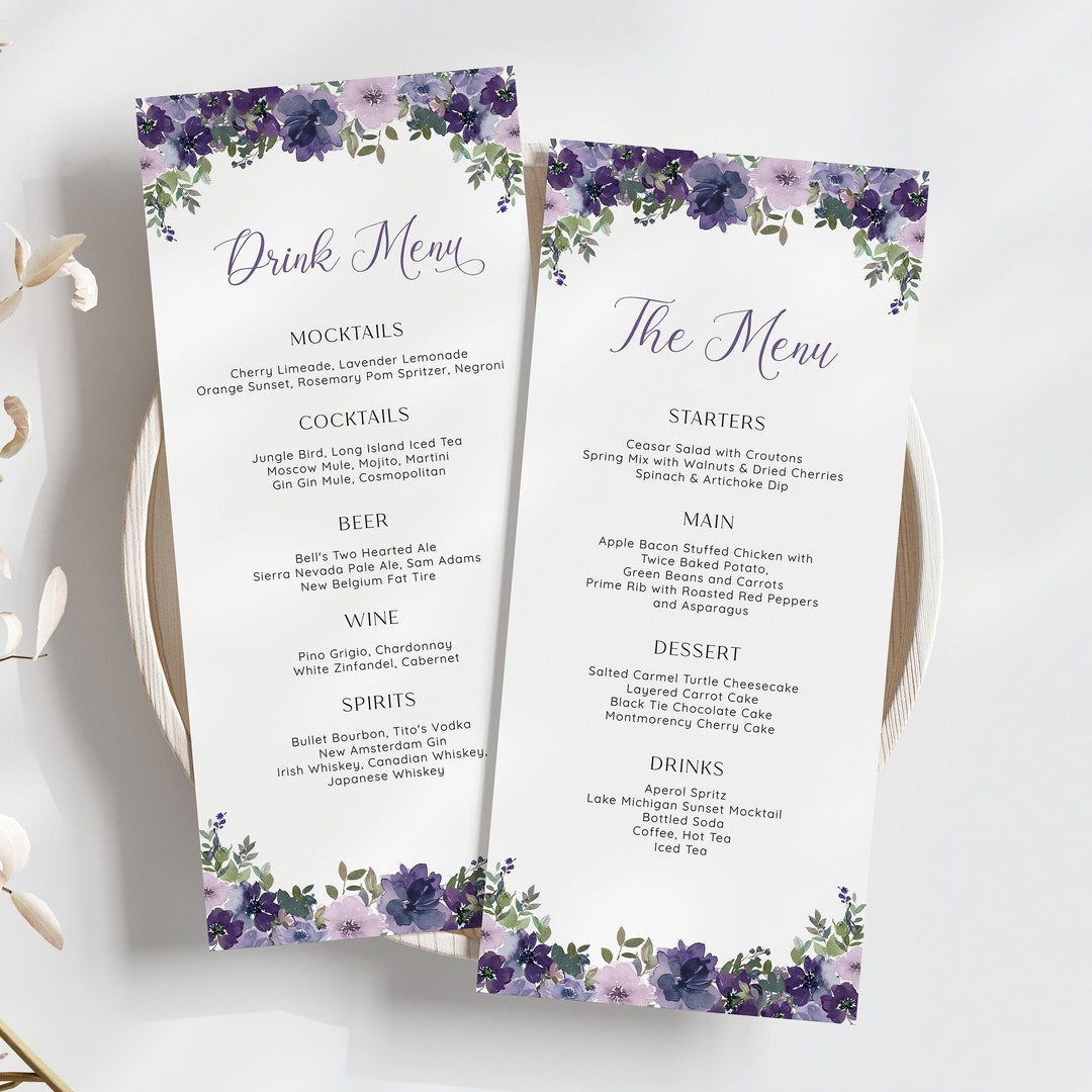 Feminine Purple Floral Menu Card - Menu Template and Drink Event Menu ...