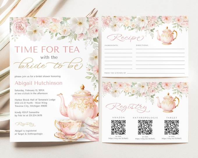 Editable Time for Tea With the Bride to Be Invitation, Soft Pink Blue ...