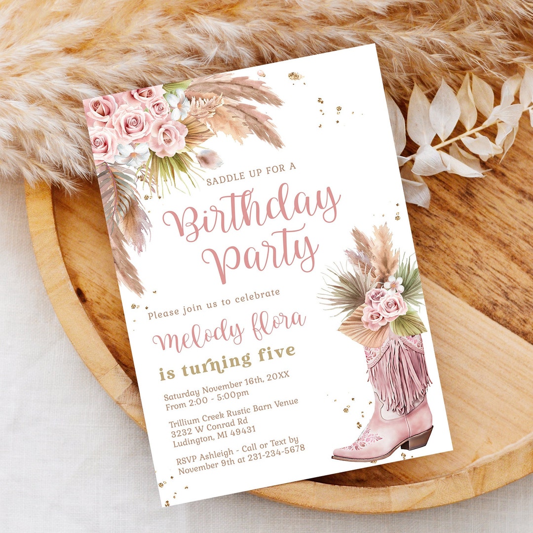 Invitación de cumpleaños editable con botas de vaquera, hierba de la ...