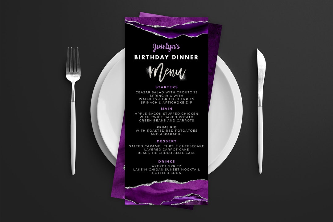Purple and Silver Menu Card - Menu Template and Drink Menu Event Menu ...