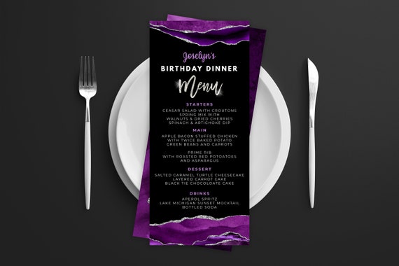 Purple and Silver Menu Card Menu Template and Drink Menu | Etsy