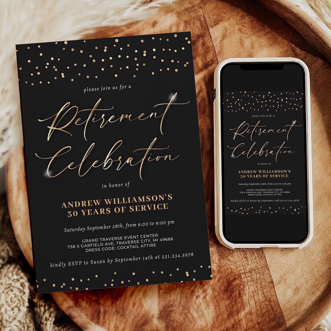 Elegant Retirement Party Invitation Template - Black and Gold Modern ...