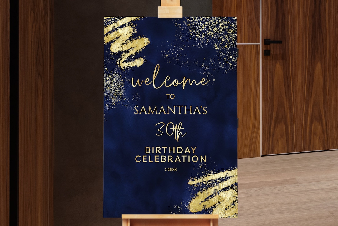 Navy Blue and Gold Welcome Sign Birthday Welcome Poster Glitter Sparkle ...