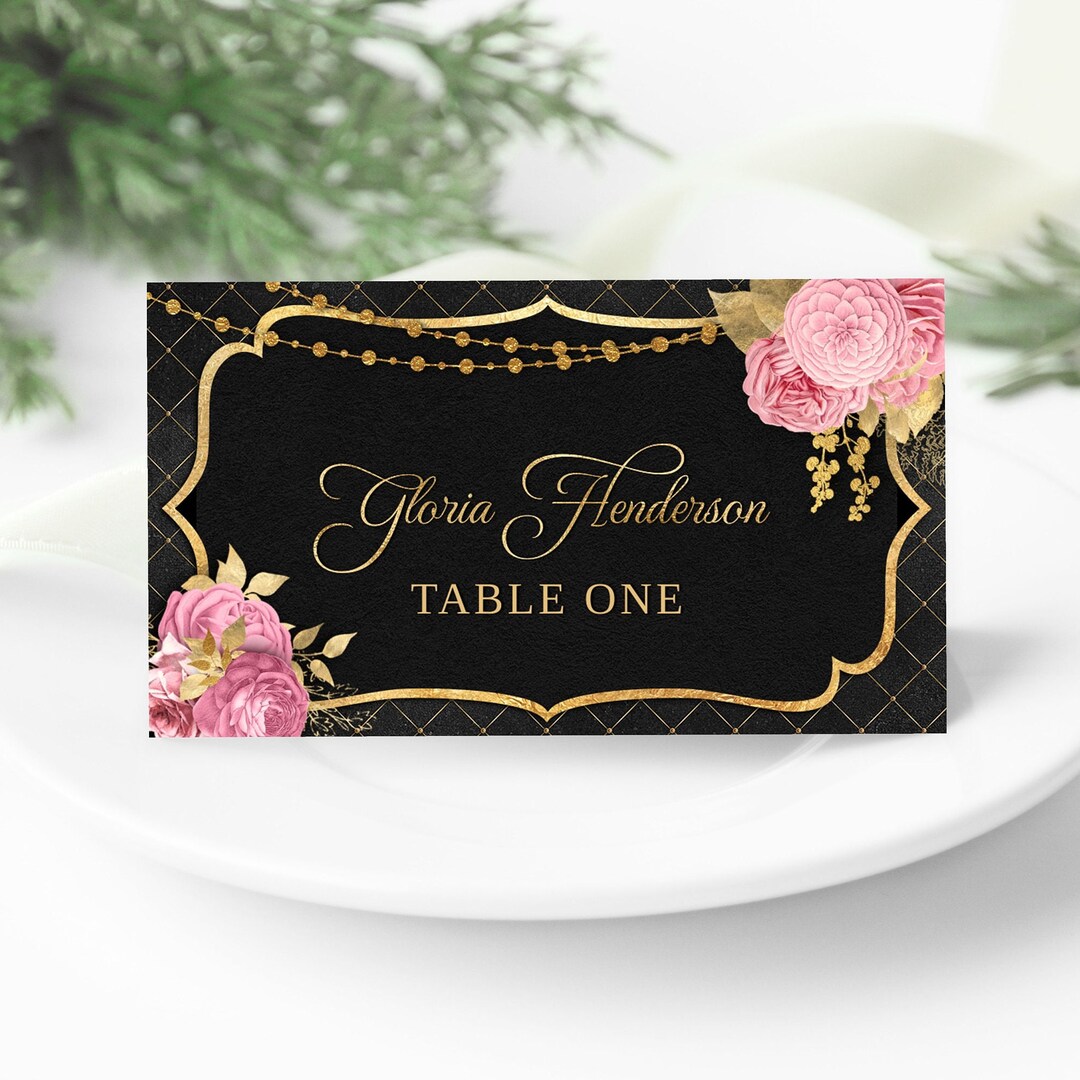 Editable Place Card Template - Tent Card Template - Black and Gold With ...