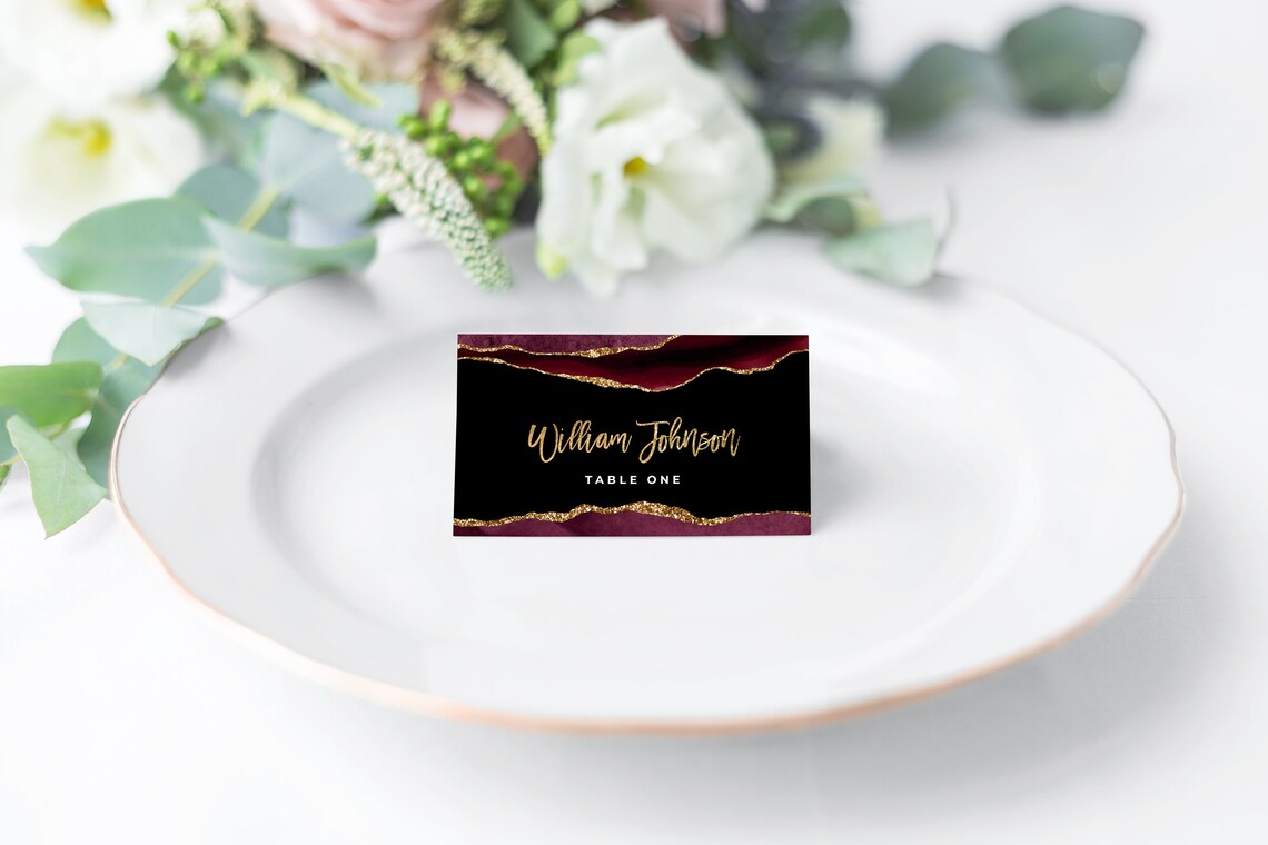 Burgundy Red and Gold Place Card Template - Editable Tent Card Template ...
