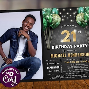 Emerald Green 21st Birthday Invitation With Photo, Party Glitter ...
