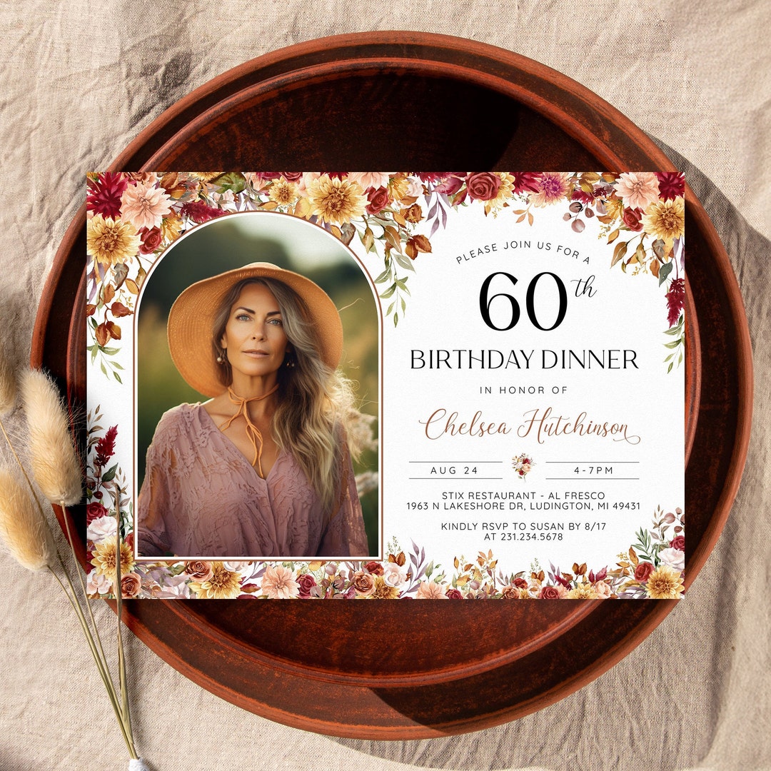 Elegant 60th Birthday Photo Invitation - Feminine Autumn Fall Floral ...