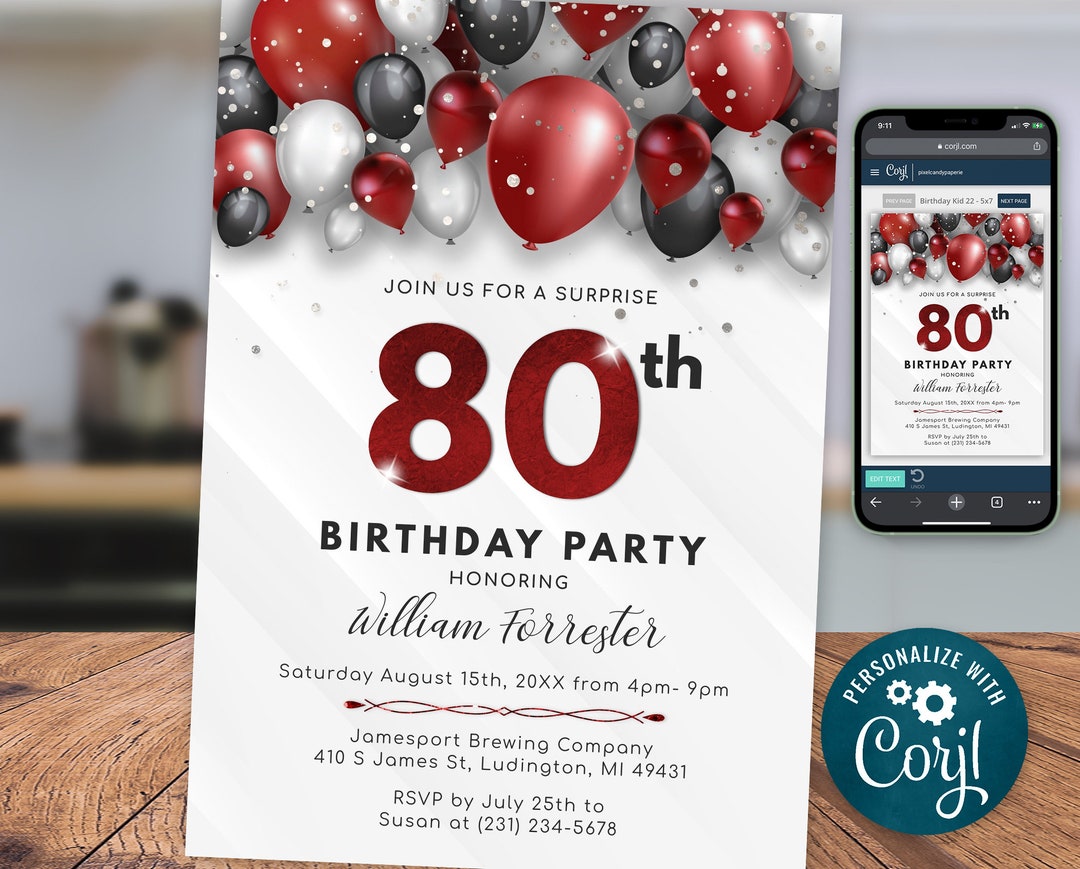 Balloons 80th Birthday Invitation Adult EIGHTY Birthday Invite Red ...