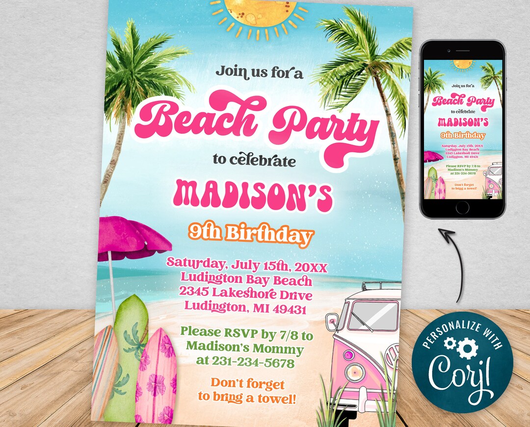 Digital and Printable Beach Party Invitation Beach Theme Party & Evite ...