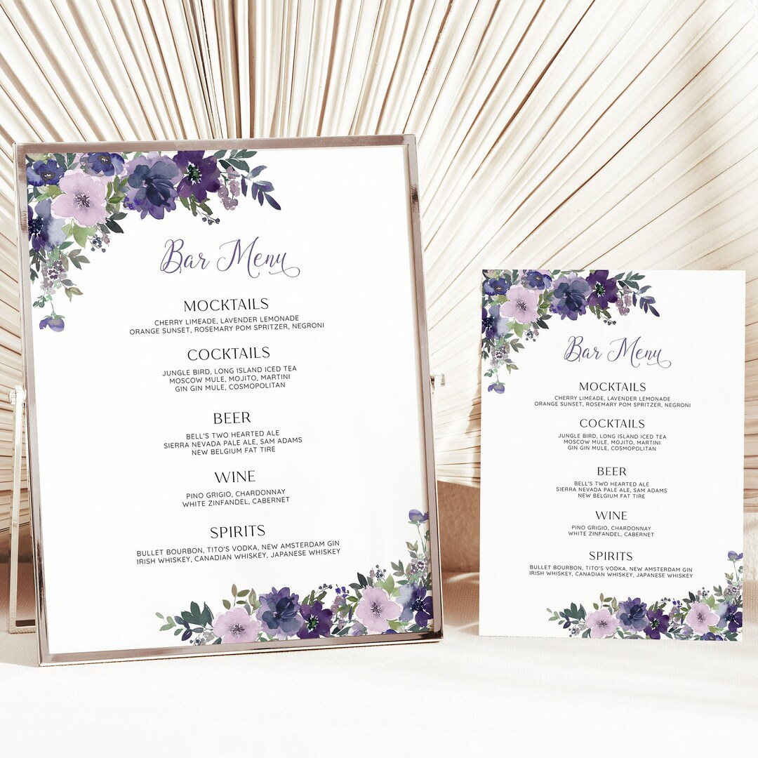 Feminine Purple Floral Bar Menu Drink Menu Template - Event Menu ...