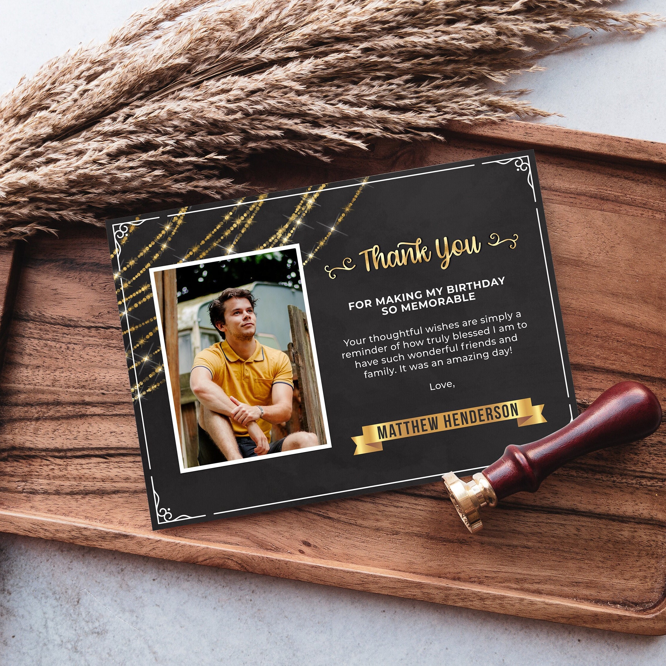 Birthday Thank You Card With Photo - Editable Template - Black Gold ...