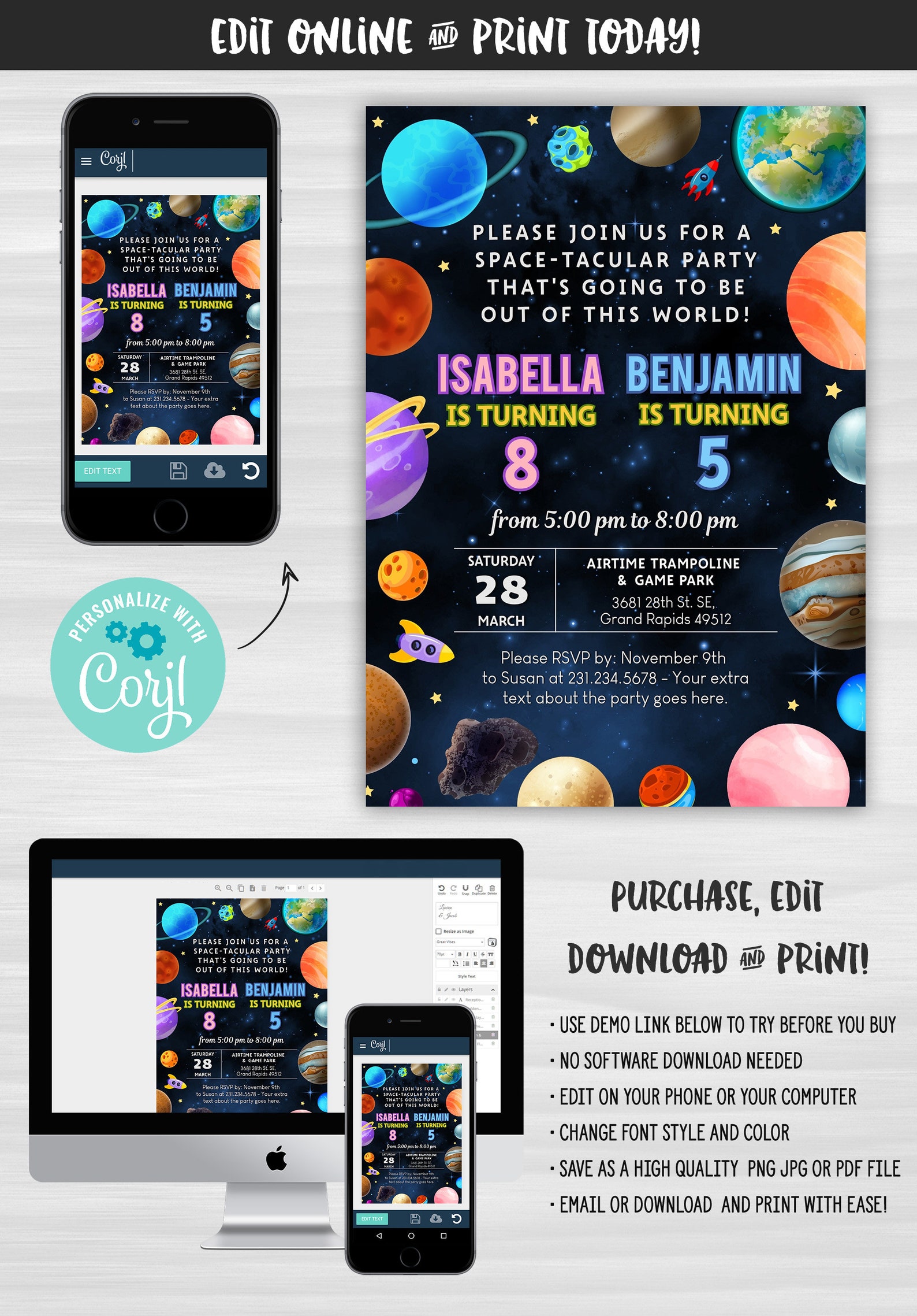 Joint Birthday Invite Planet Birthday Invitation Outer Space | Etsy