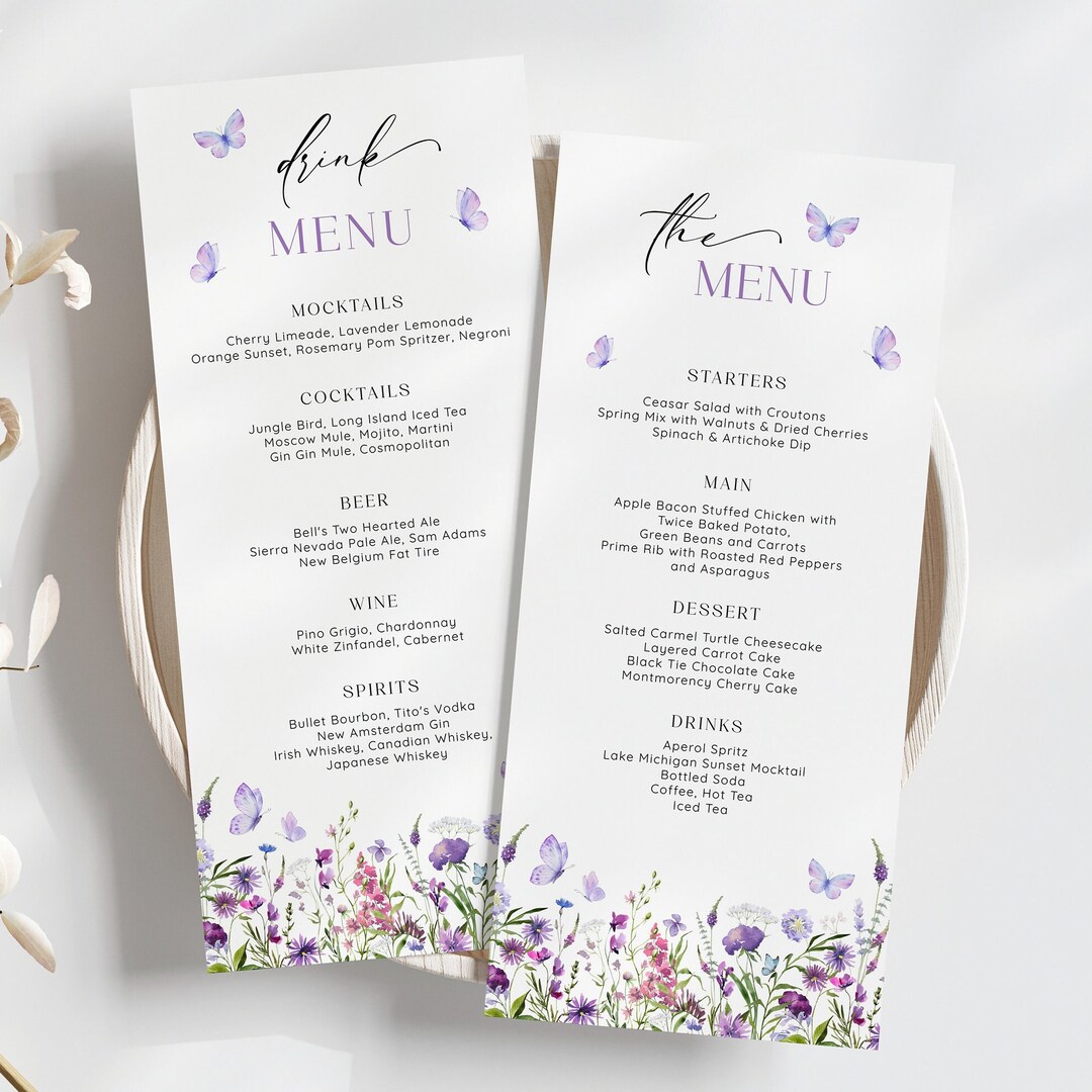 Butterfly Menu Card - Dinner and Drink Event Menu Template - Instant ...