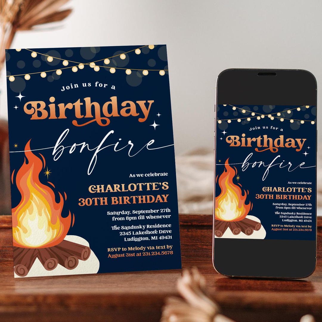 Modern Birthday Bonfire Invitation - Campfire Birthday Party Photo ...