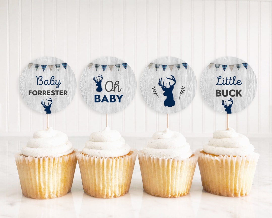 Editable Little Buck Deer Baby Shower Cupcake Toppers - Blue Grey Plaid ...