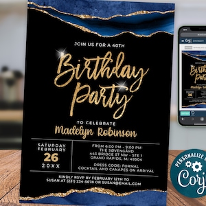 Plantilla de invitación de cumpleaños azul y dorado Cualquier edad ...