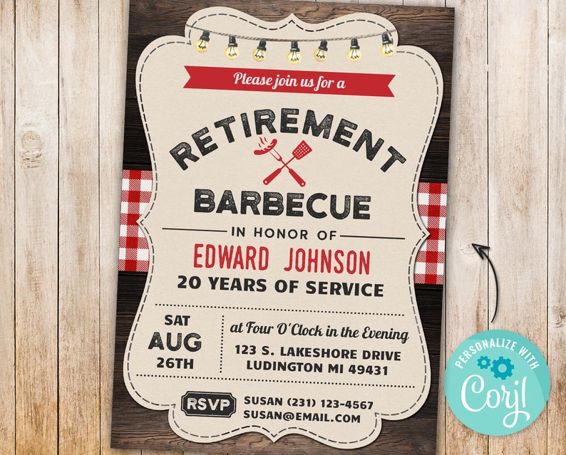 Retirement BBQ Invitation Party Invite Retire Rustic Barbecue Digital ...
