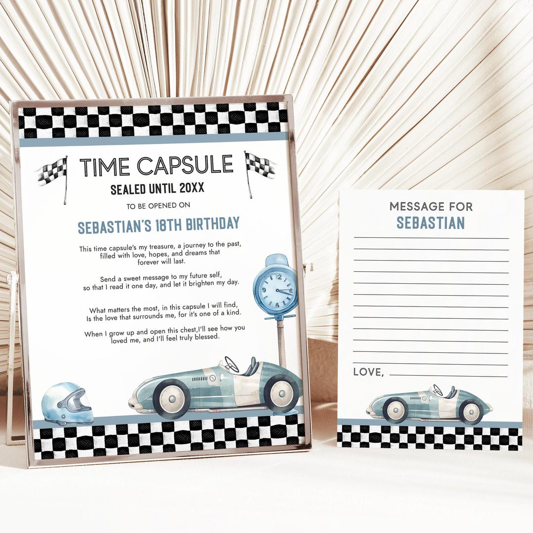 Editable Race Car Time Capsule Sign + Note Card Template - Race Car ...