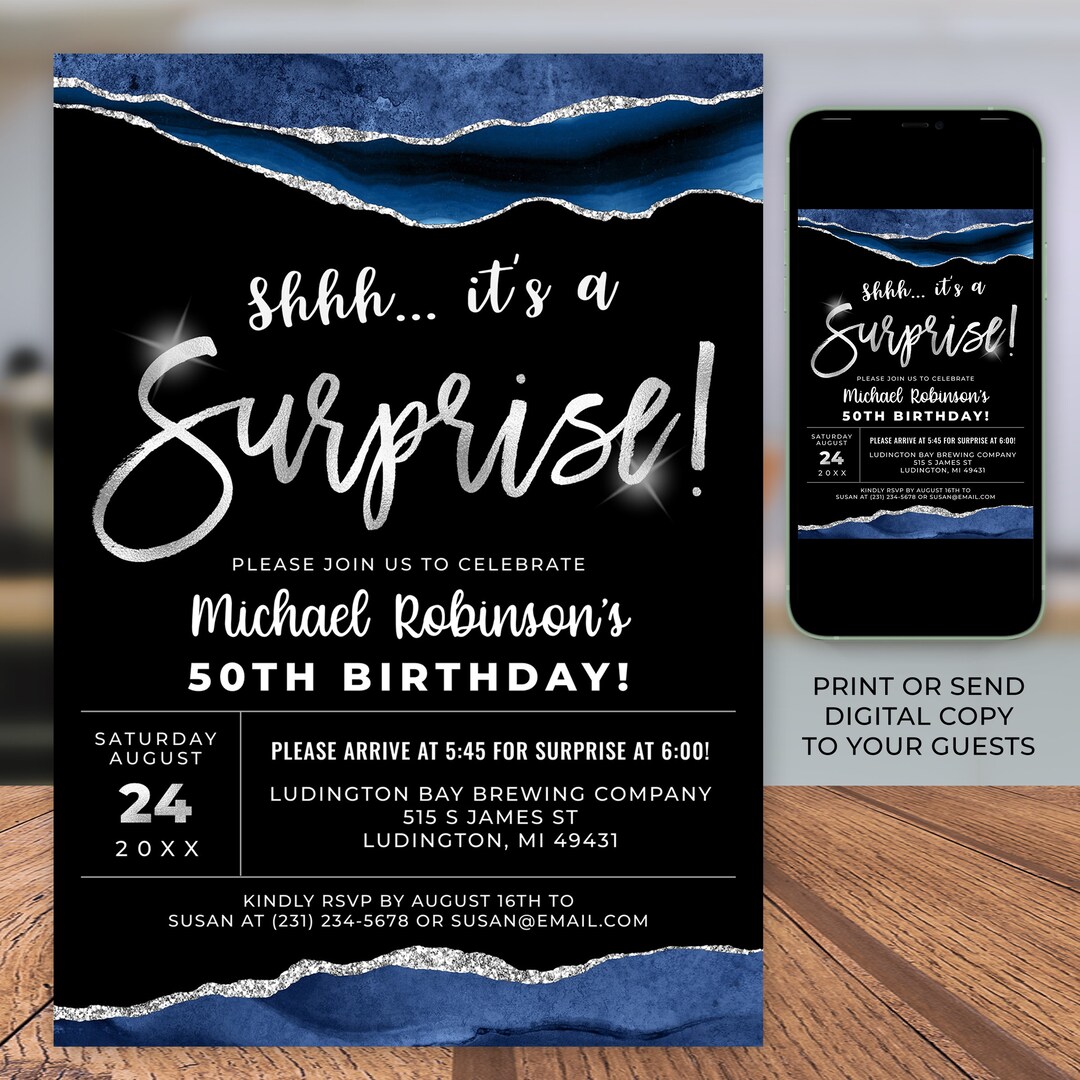 Surprise Birthday Invitation Party Invite Any AGE Navy Black Silver ...