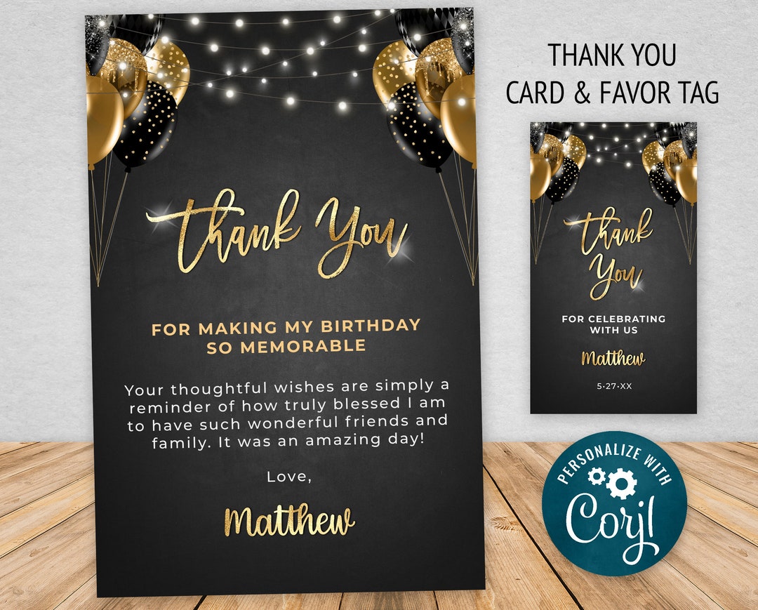Black and Gold Editable Thank You Card + Tag Template - Digital Instant ...