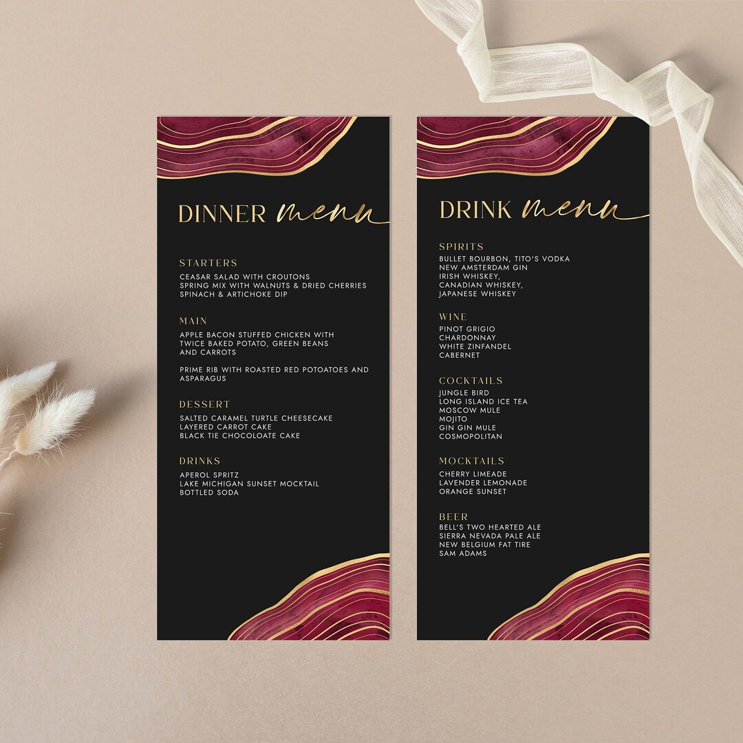 Burgundy Black and Gold Menu Card - Menu Template and Drink Menu Event ...