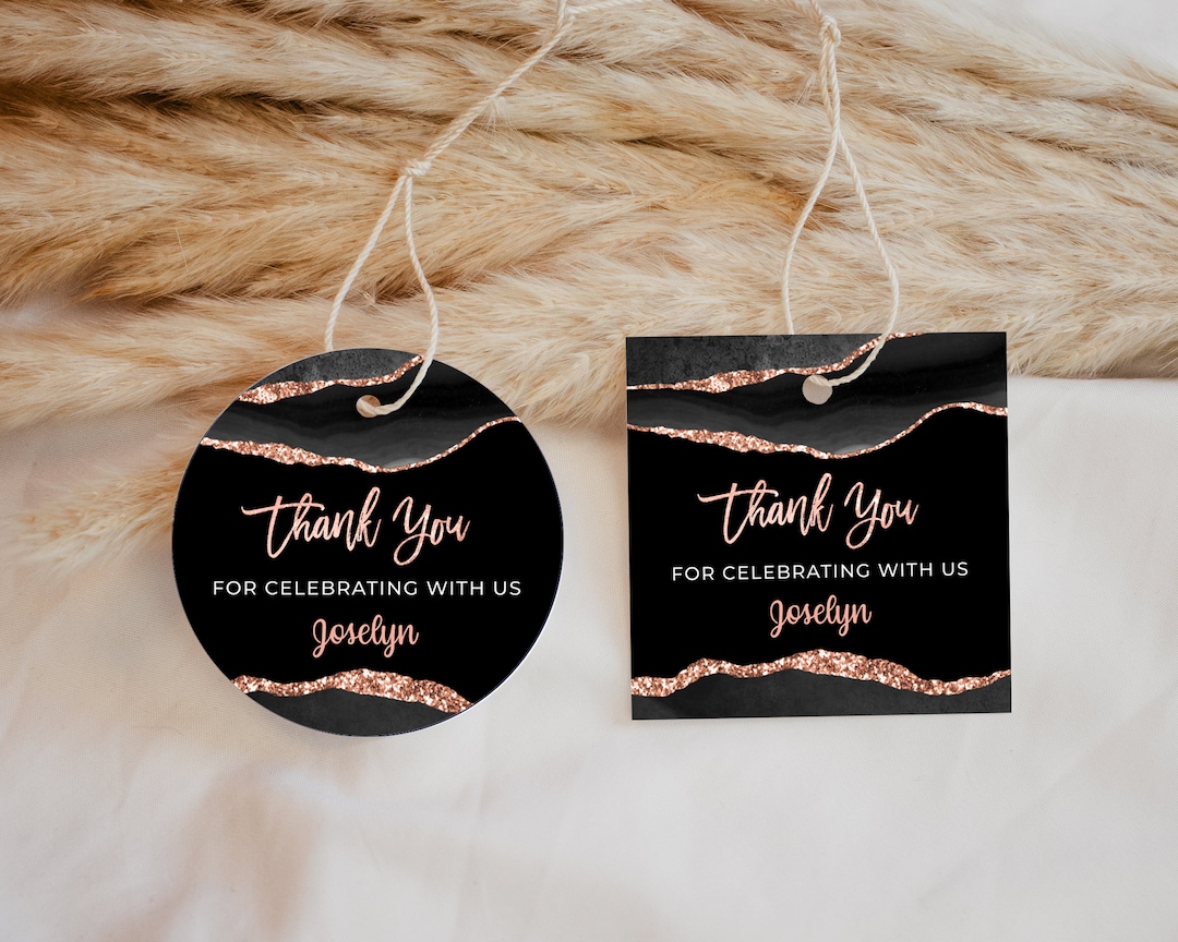 Black and Rose Gold Favor Tag Template - Gift Tag Template, Glitter ...