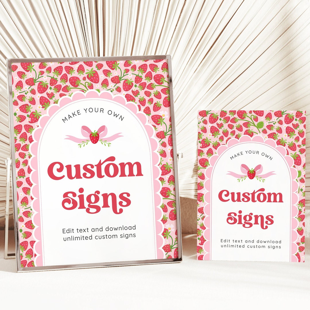 Strawberry Custom Sign Template - Pink Bow Berry Sweet Strawberry Table ...