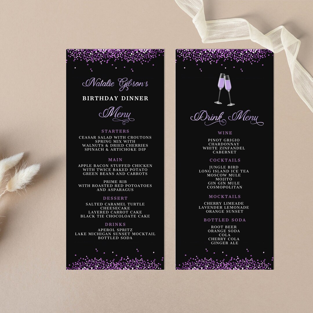 Menu Template and Drink Menu Template - Sparkly Glitter Purple Lavender ...