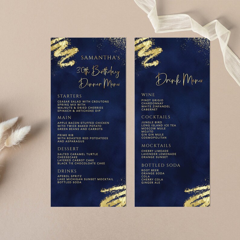 Luxury Navy Blue and Gold Menu Card + Drink Menu Template - Digital ...