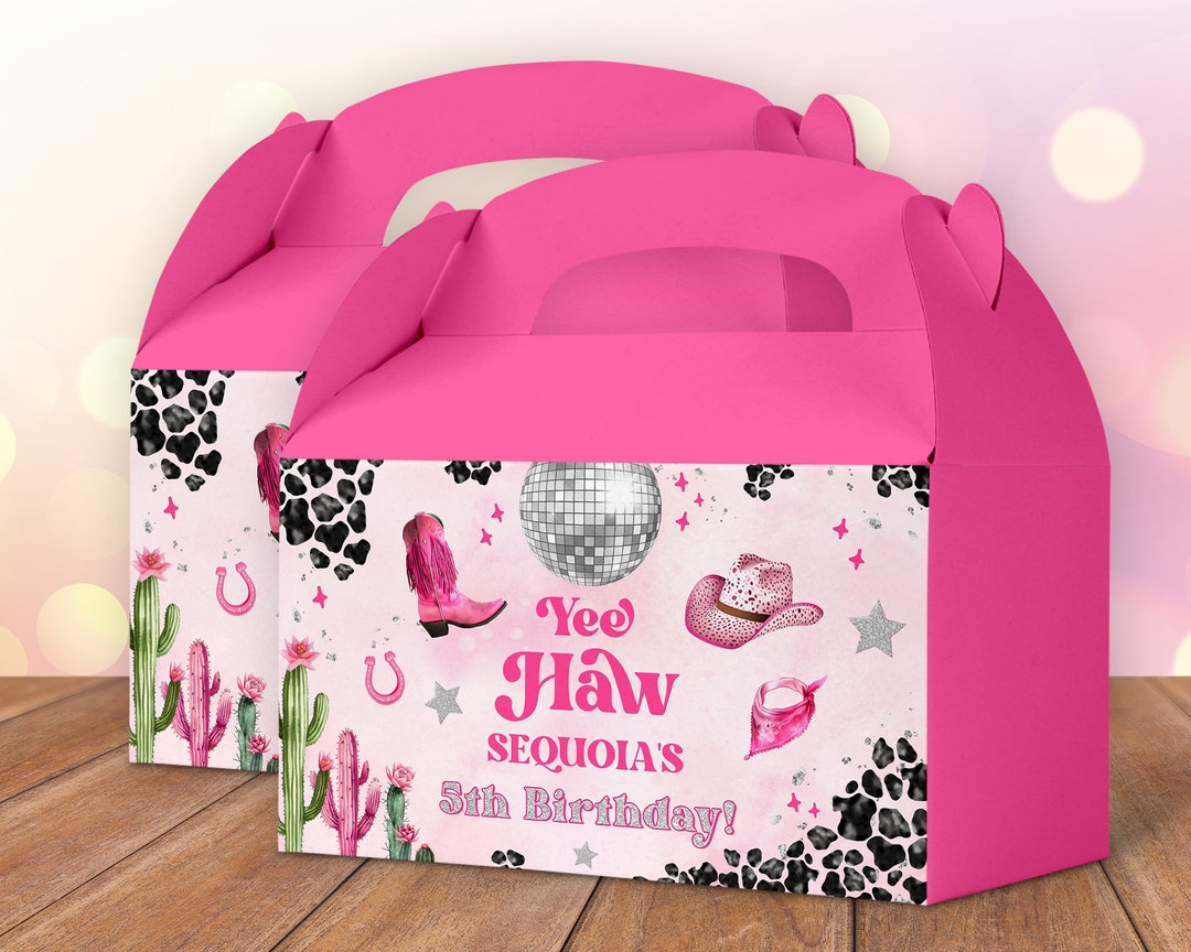 Editable Space Cowgirl Birthday Party Gable Box Label Template - Pink ...