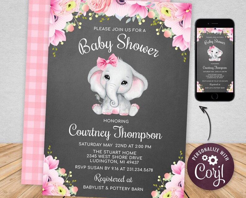 Pink Girl Elephant Baby Shower Invitation Set Diaper Raffle | Etsy