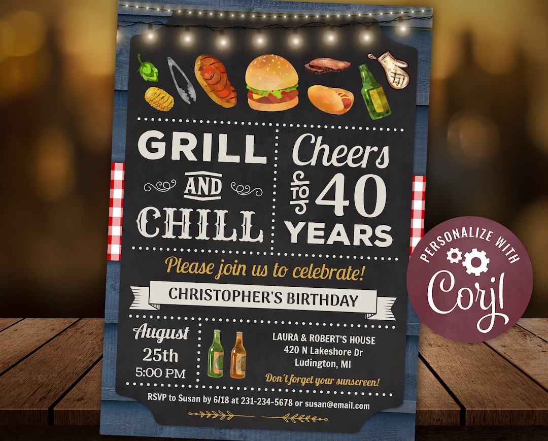 40th - BBQ & Grill and Chill Barbecue Party Birthday Invitation - 40th ...