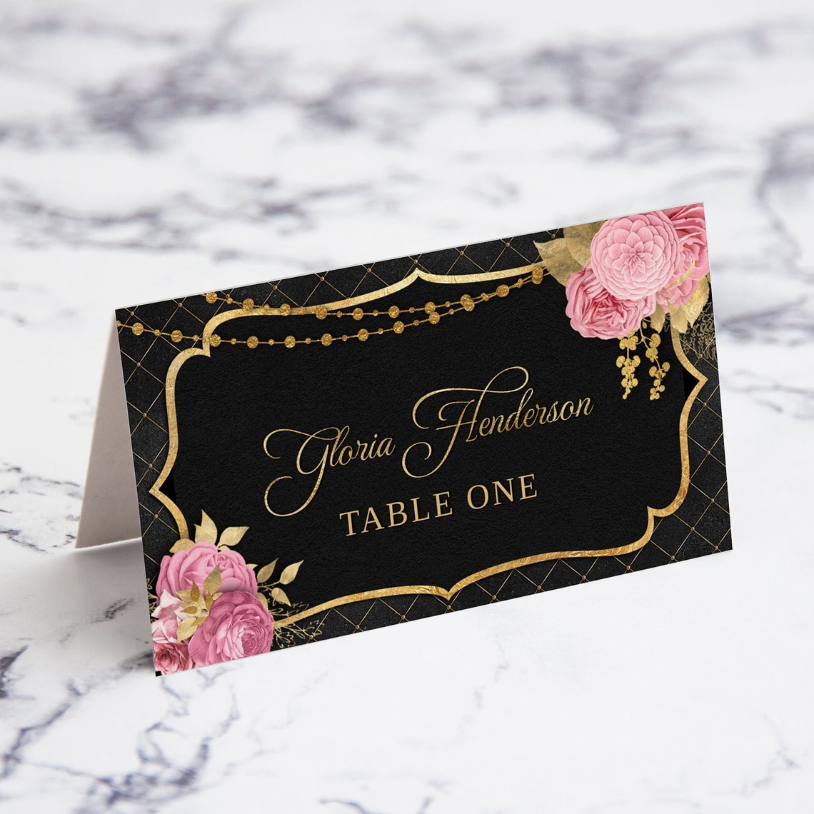 Editable Place Card Template - Tent Card Template - Black and Gold With ...