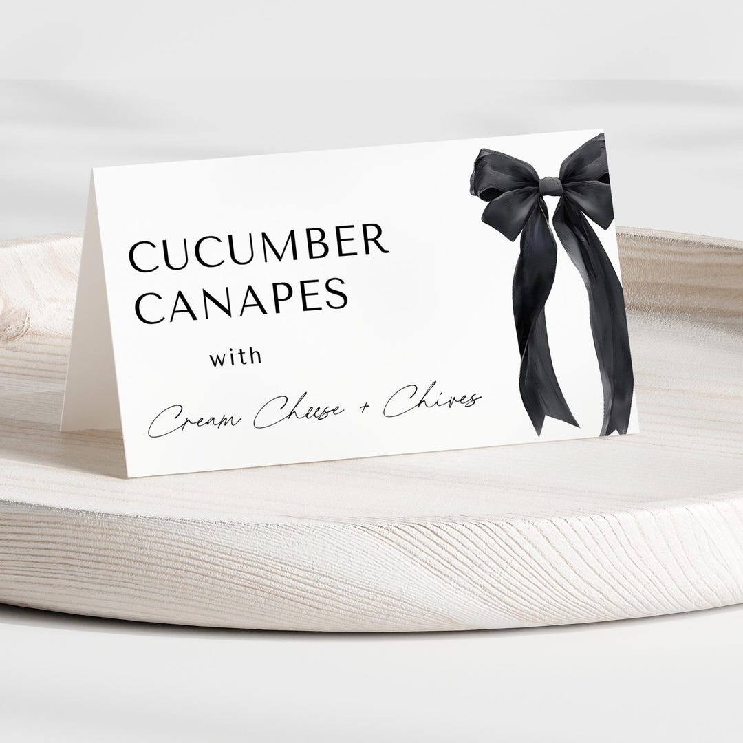 Editable Black Bow Food Label Buffet Card Template - She's Tying the ...