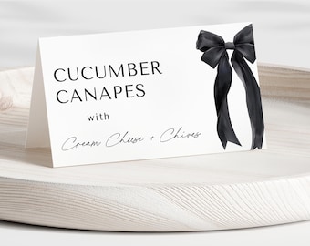 Editable Black Bow Food Label Buffet Card Template - She's Tying the ...