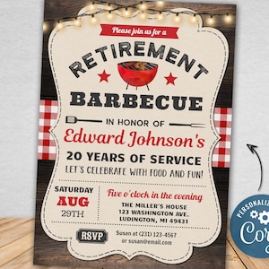 Retirement BBQ Invitation BBQ Party Invite Retire Rustic Barbecue ...