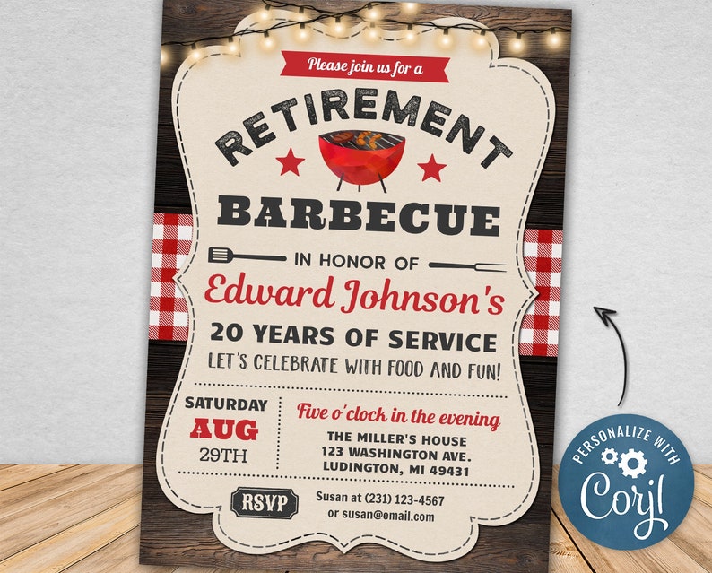 Retirement BBQ Invitation BBQ Party Invite Retire Rustic Barbecue ...