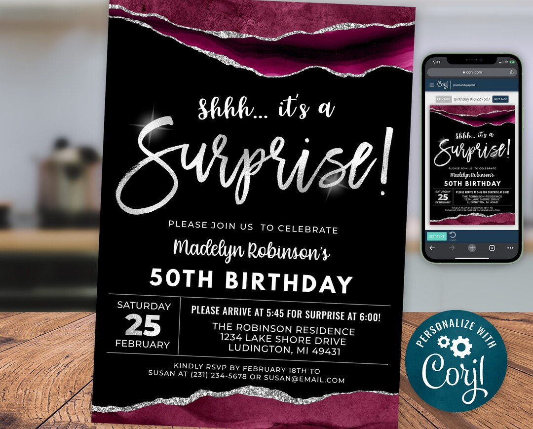 Surprise Birthday Invitation Invite Party Any Age Burgundy and Silver ...