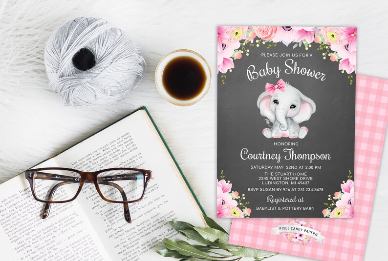 Pink Girl Elephant Baby Shower Invitation Set Diaper Raffle | Etsy