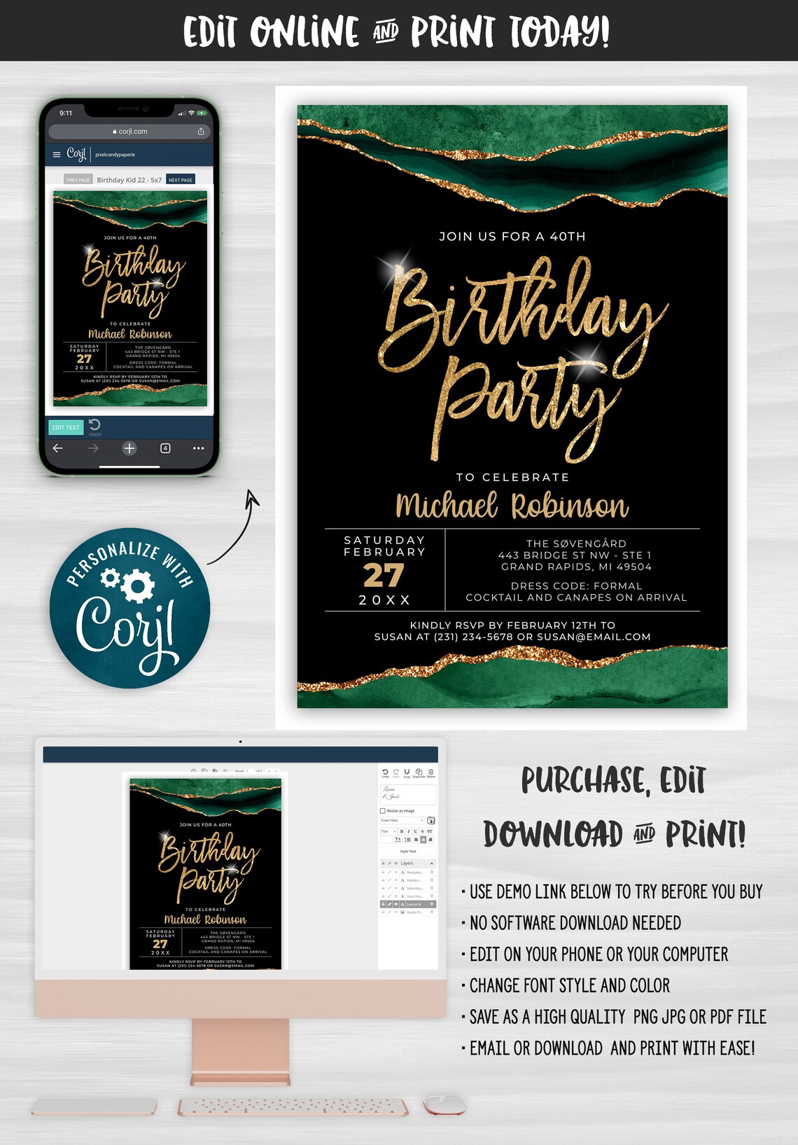 Emerald Green Birthday Invitation Template - Any Age - Digital Instant ...
