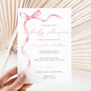 Editable Pink Bow Girl Baby Shower Invitation Minimalist Baby Shower ...