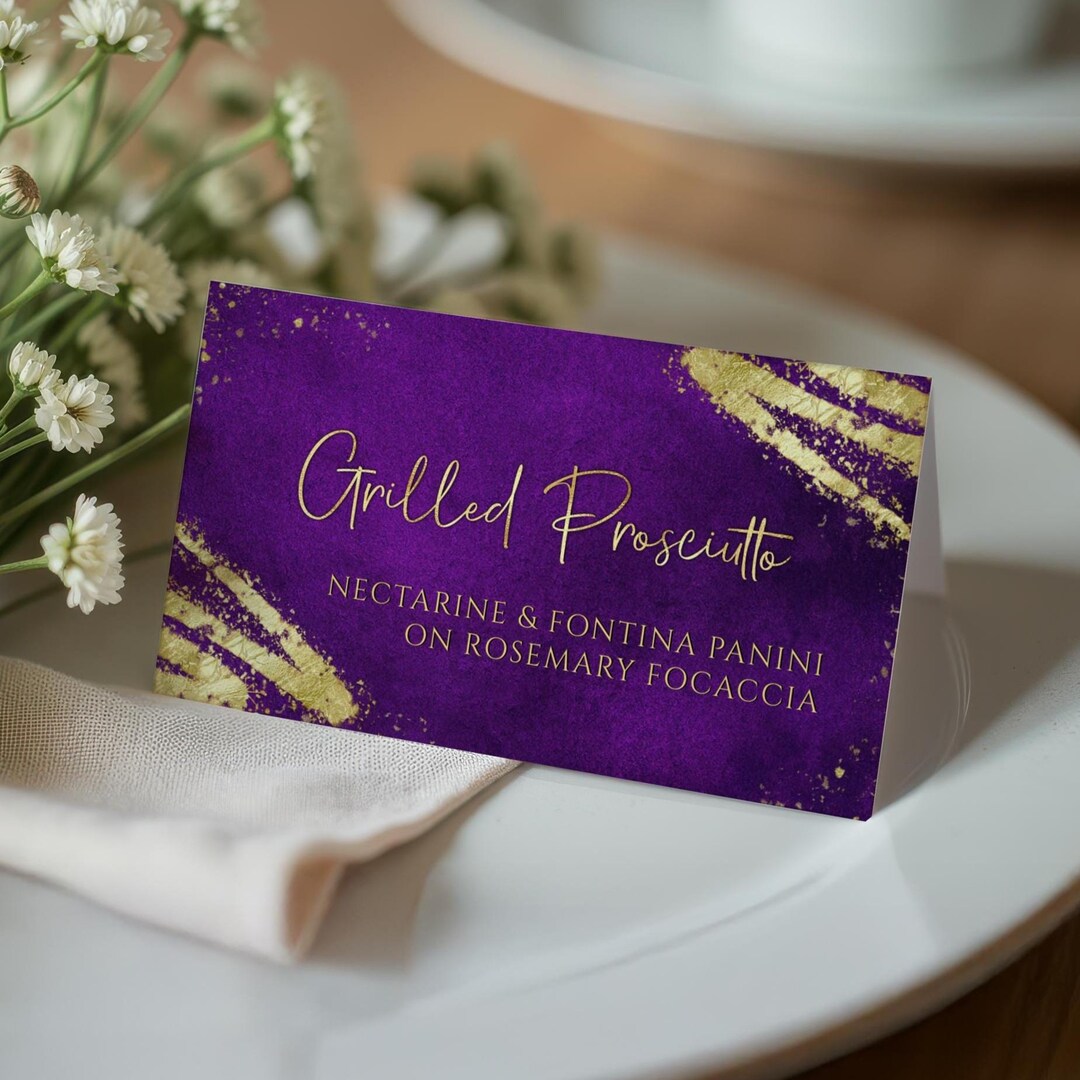 Purple and Gold Food Label Buffet Card - Tent Card Template - Digital ...