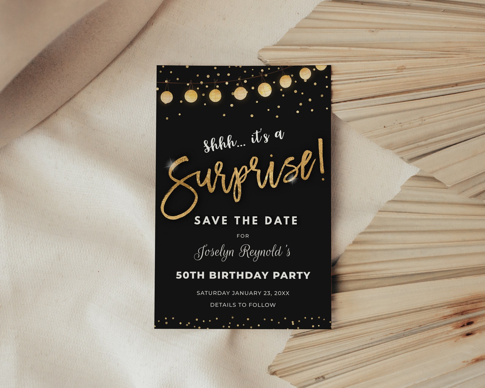 Surprise Birthday Party Save the Date Invitation Black Gold Glitter ...